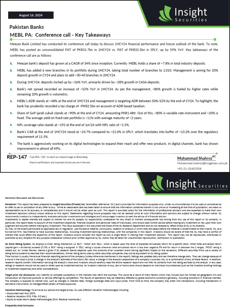 Pakistan Insight - 20240816 - MEBL PA - Meezan Bank Limited CBS (Key Takeaways) | PDF