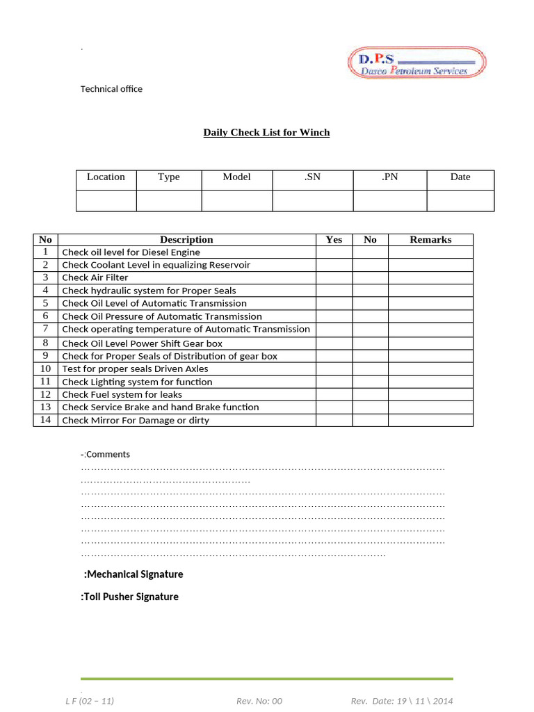 Daily Check List For Winch | PDF
