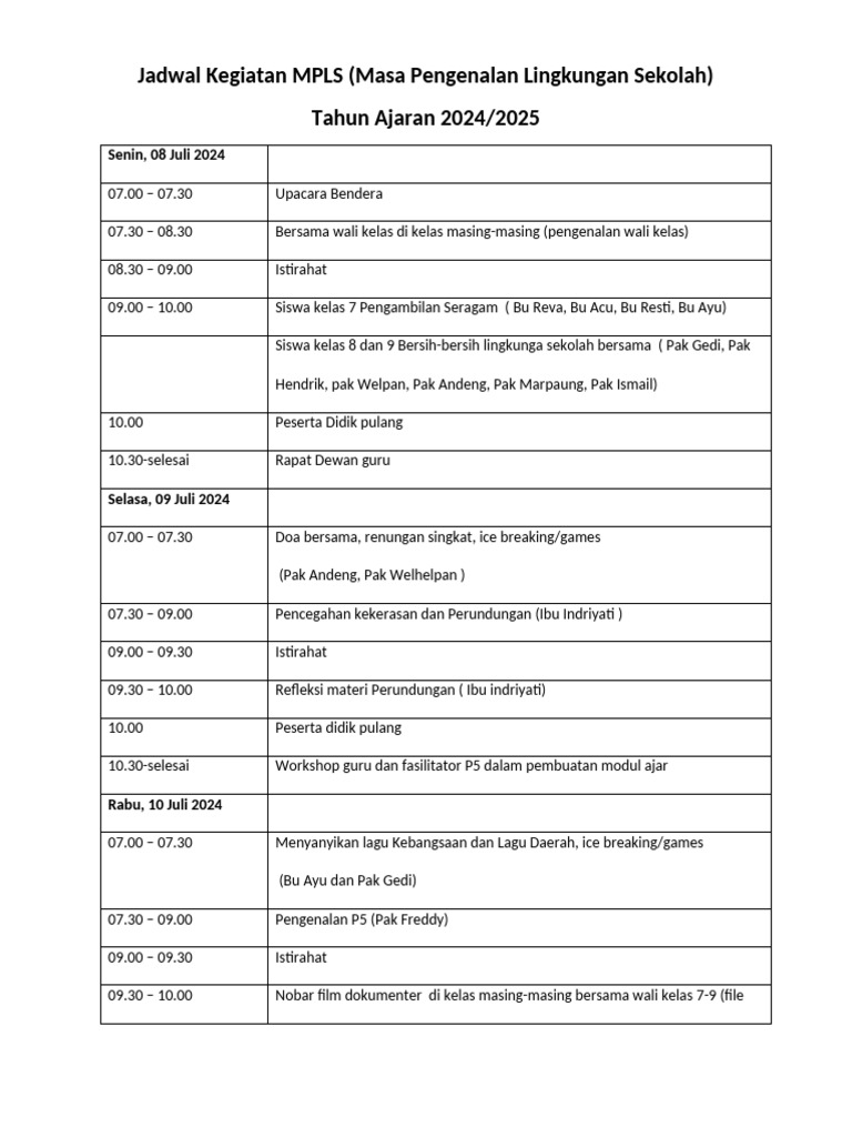 Jadwal Kegiatan MPLS | PDF