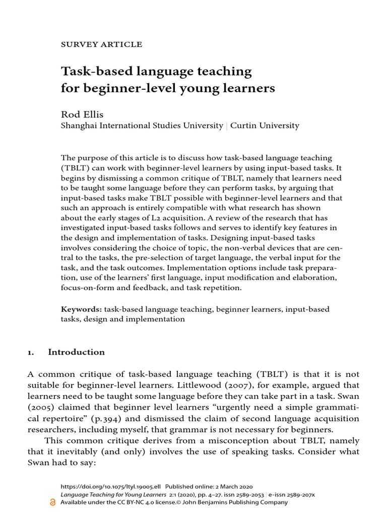 Task Based To Beginners Young Learners | PDF | Second Language | Language Acquisition