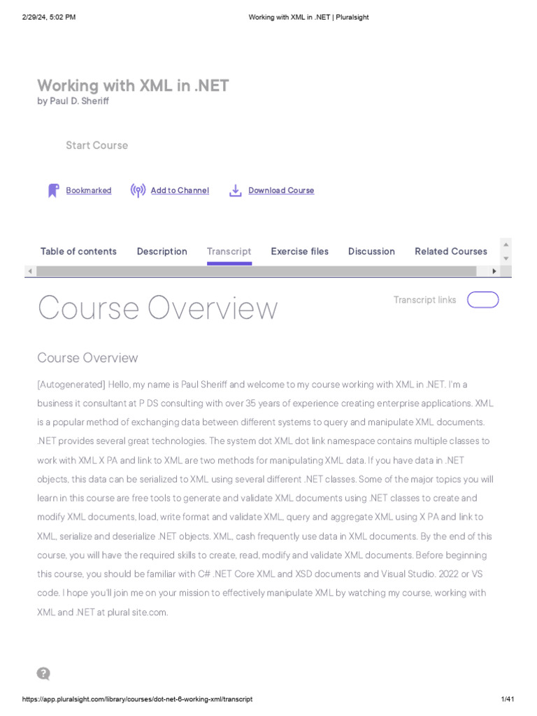Working With XML in .NET - Pluralsight | PDF