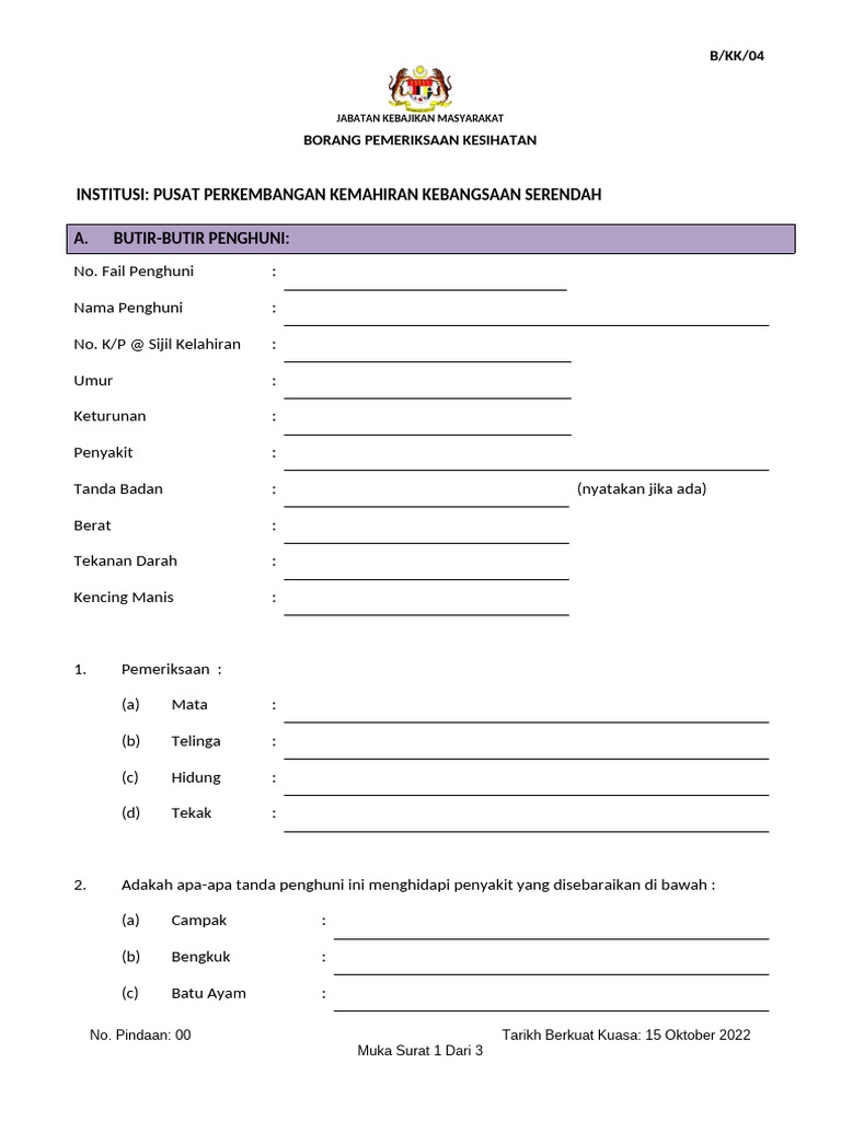 BKK - 04 Borang Pemeriksaan Kesihatan | PDF