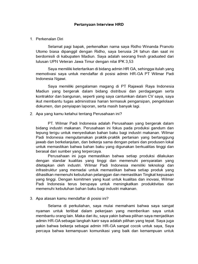 Pertanyaan Interview HRD | PDF
