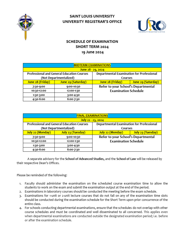 Slu Short Term 2024 Exam Schedule V2 | PDF