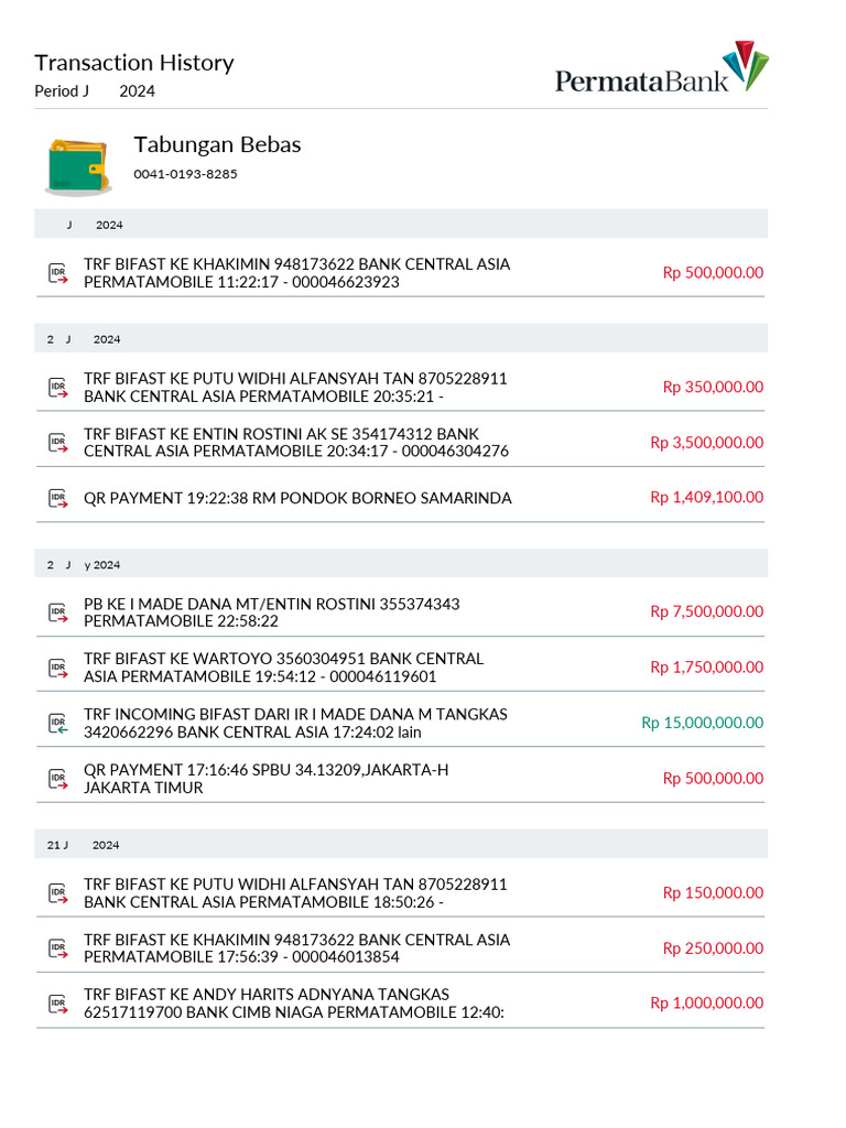 Transaction History - Tabungan Bebas8285-26181 JUNY | PDF
