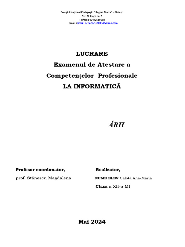 Prima Pagina Atestat | PDF