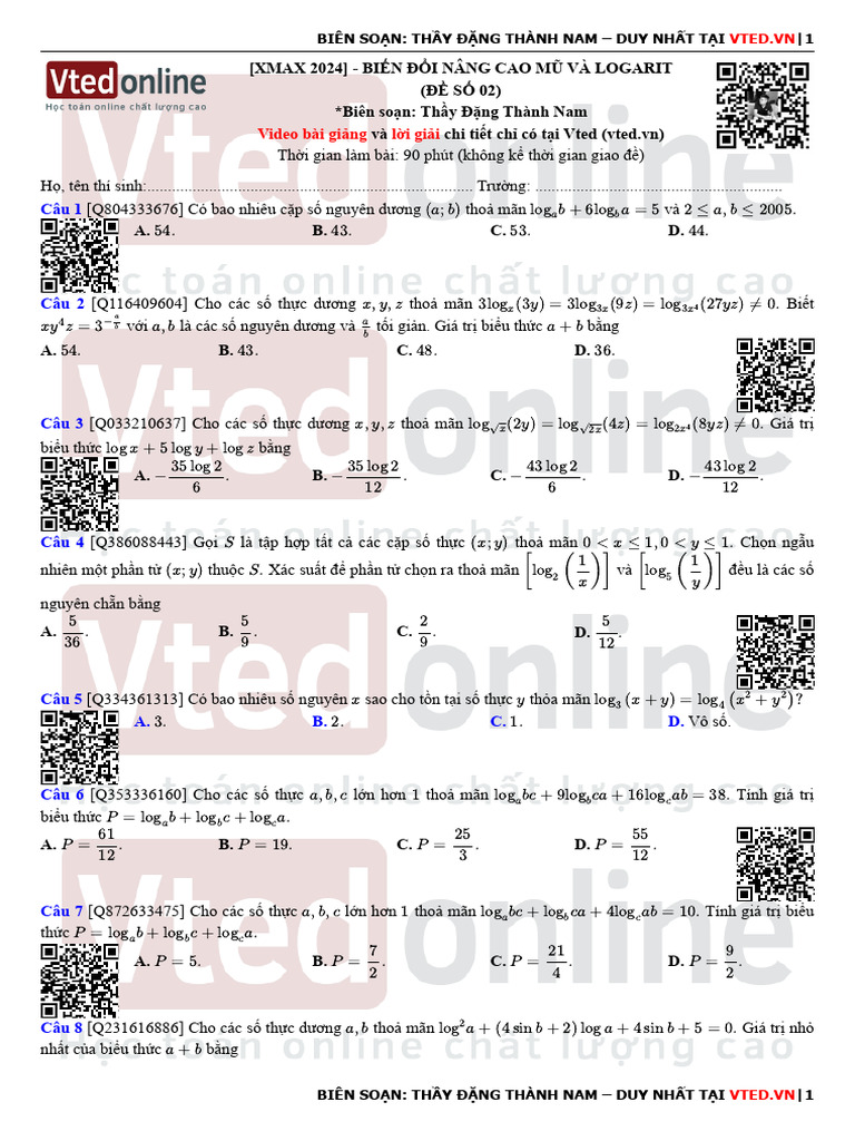 (XMAX 2024) - Biến đổi nâng cao mũ và logarit (Đề số 02) | PDF