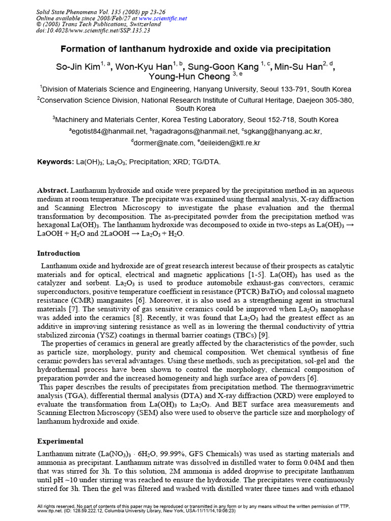 Formation of Lanthanum Hydroxide and Oxide Via Precipitation Kim2008 | PDF