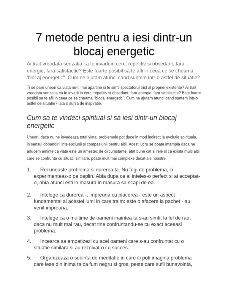 7 Metode Pentru A Iesi Dintr-Un Blocaj Energetic | PDF