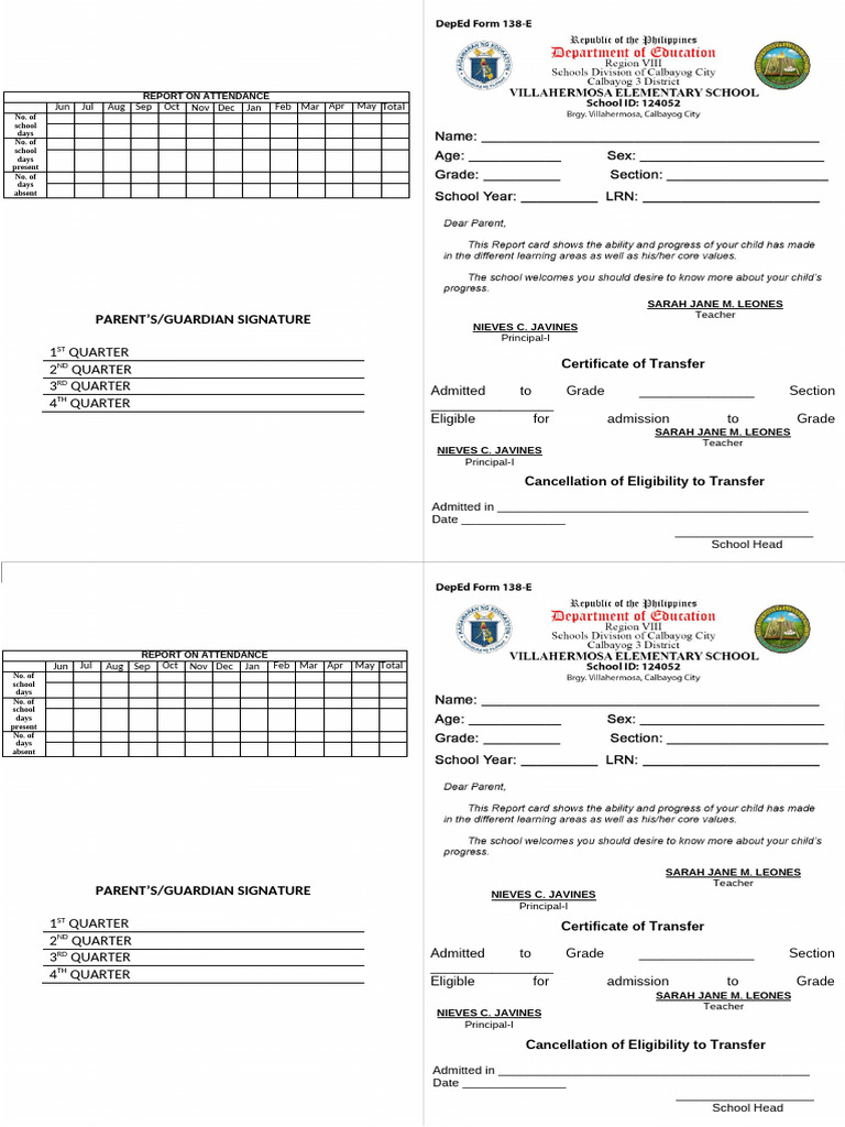 Form 138-E 2021 Long-Grade 1 | PDF
