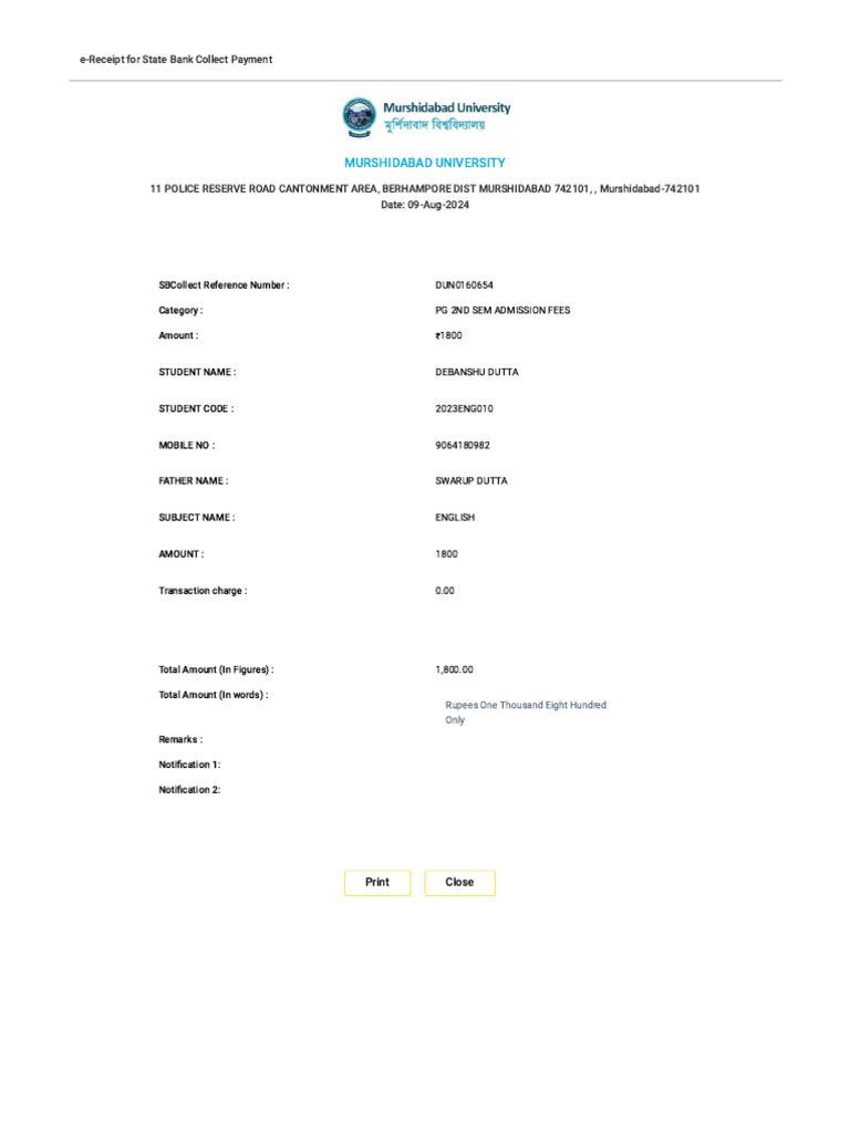 2nd Sem Admission Receipt | PDF