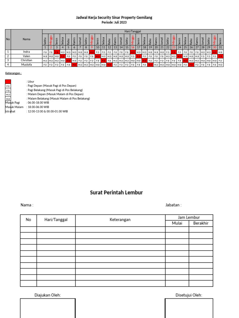 Jadwal Security & Form Lembur (SPG) | PDF