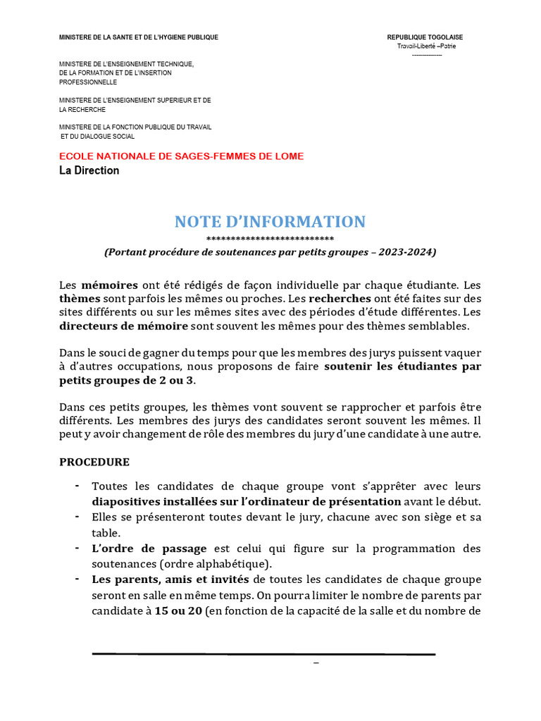 PROCEDURE DE SOUTENANCES PAR PETITS GROUPES - ENSF Lomé v2 17.08.2024 | PDF
