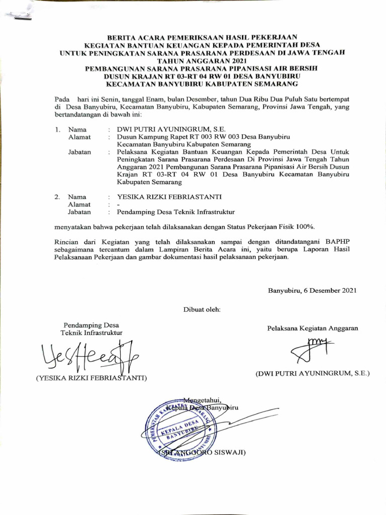 Berita Acara Sarana Prasarana Pipanisasi Dusun Krajan RT 03 - RT 04 RW 01 | PDF