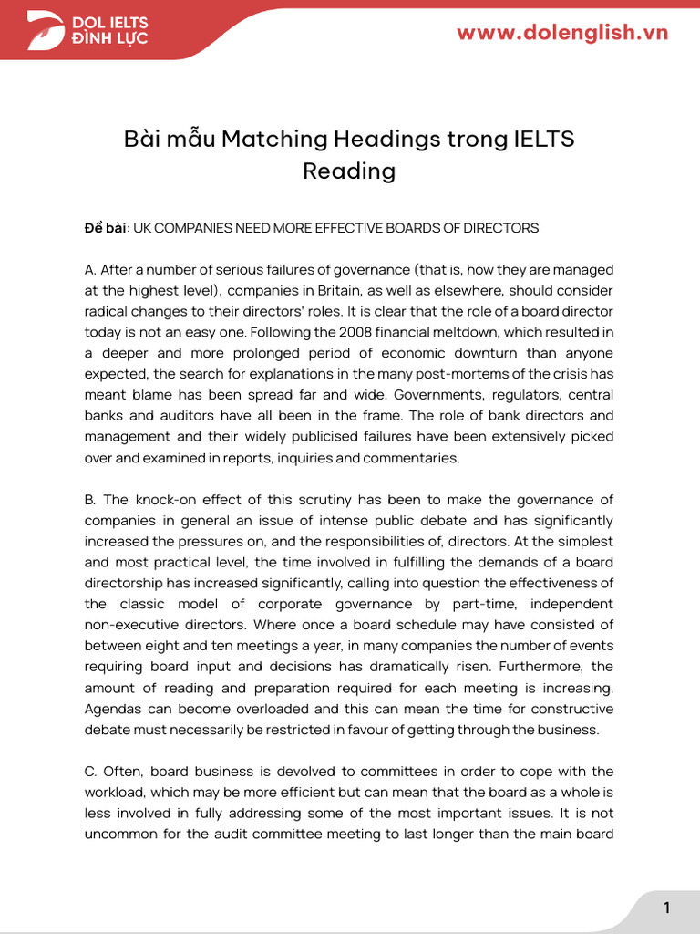 Bài mẫu Matching Headings trong IELTS Reading | PDF