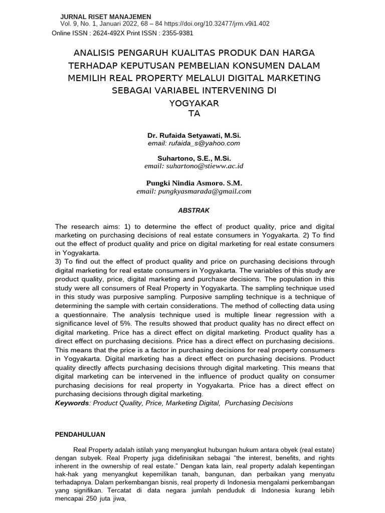68-84 - Rufaida Setyawati - ANALISIS PENGARUH KUALITAS PRODUK DAN HARGA TERHADAP KEPUTUSAN ...