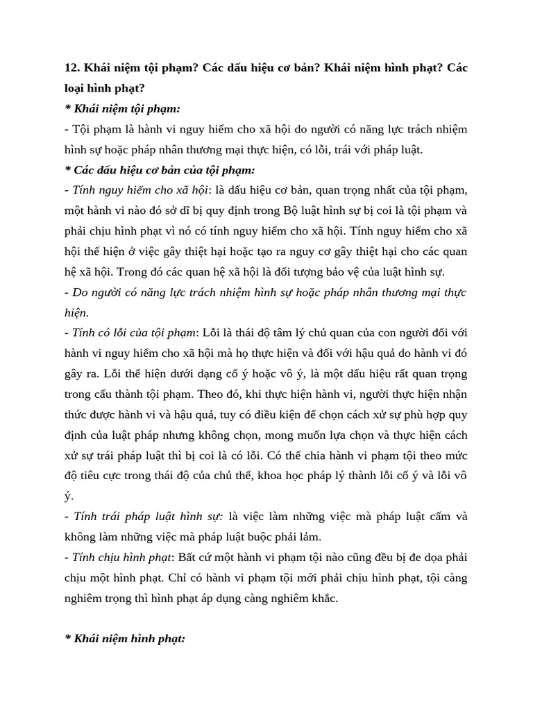 * Khái niệm tội phạm:: 12. Khái niệm tội phạm? Các dấu hiệu cơ bản? Khái niệm hình phạt? Các ...