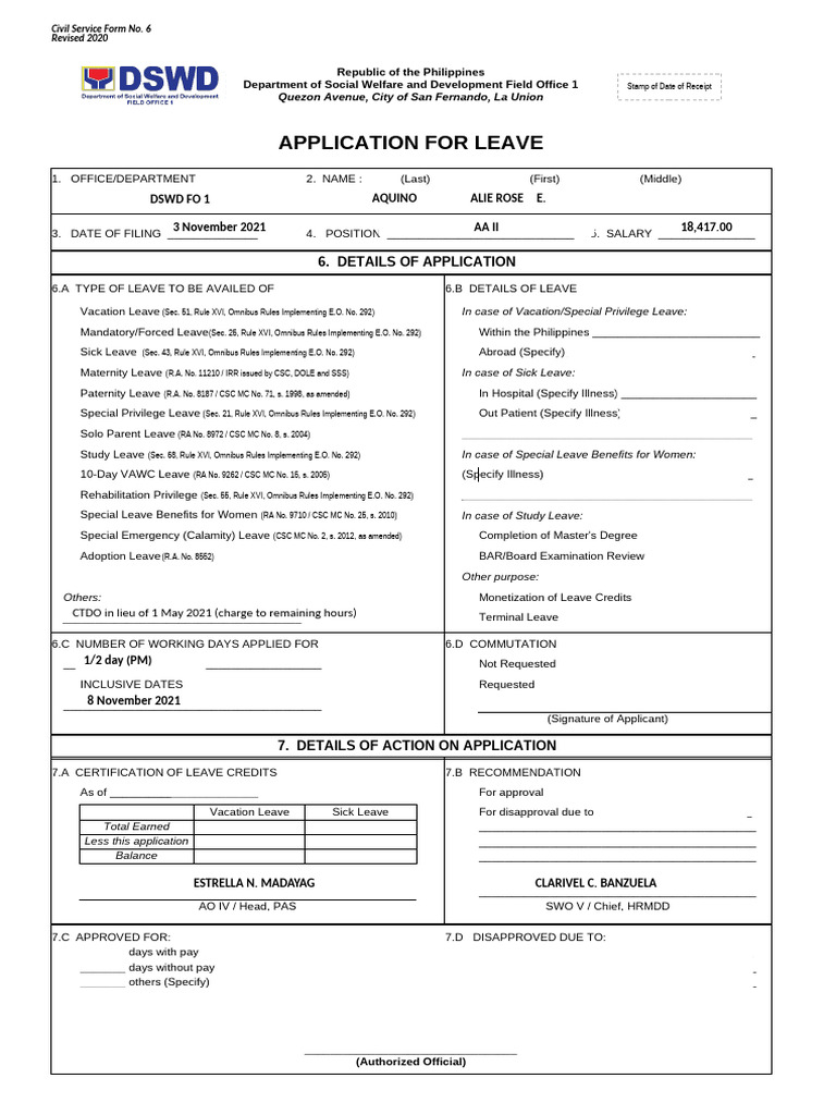 CS Form No. 6, Revised 2020 (Application For Leave) (Fillable) | PDF ...