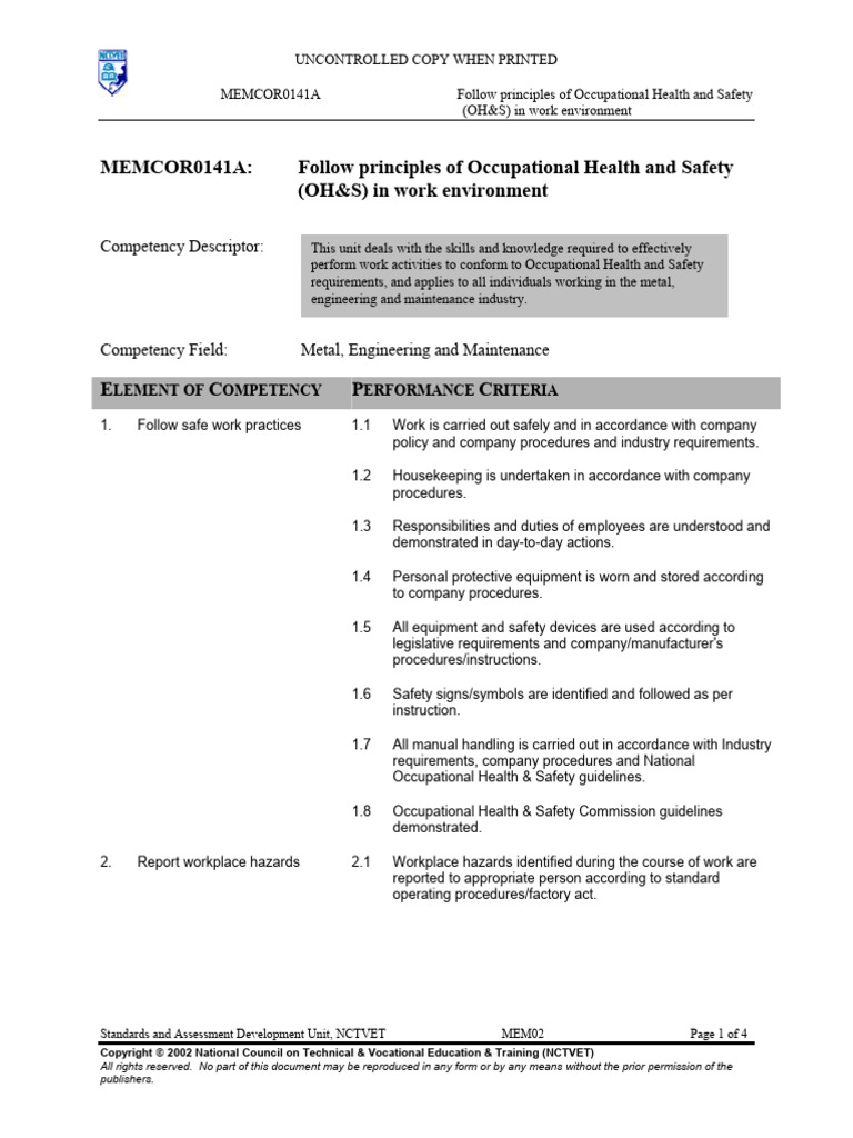01follow Principles of OHS in Work Environment - MEMCOR014A | PDF
