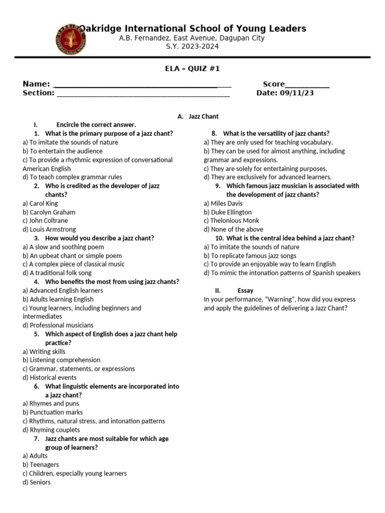 Grade 9 First Quiz | PDF
