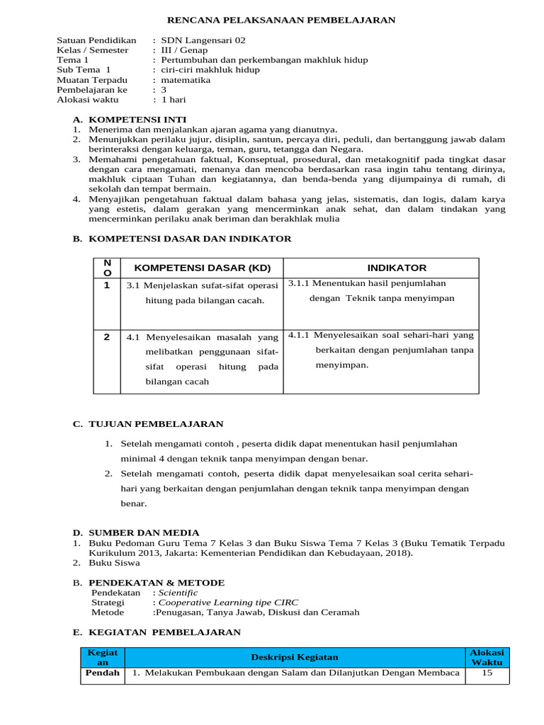 RPP MTK Kelas 3 Tema 1 Subtema 1 PB 3 | PDF