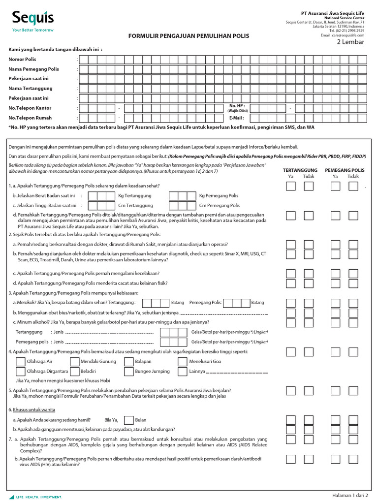 Form Pemulihan Polis Sequis | PDF