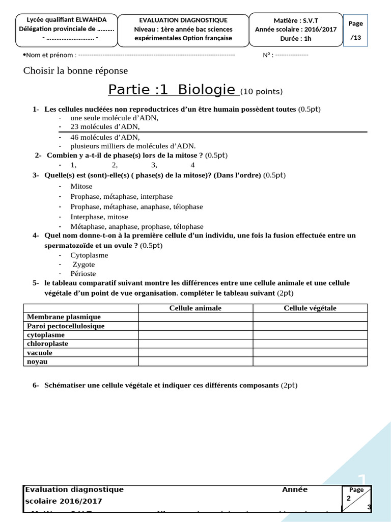 Evaluation Diagnostique SVT Premiere Bac Sciences Word 1 | PDF