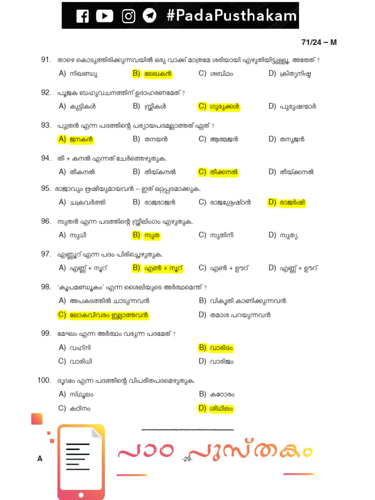 PSC Malayalam Previous Questions 2020-2024 | PDF