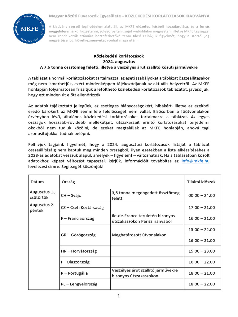 Közlekedési Korlátozás Augusztus | PDF