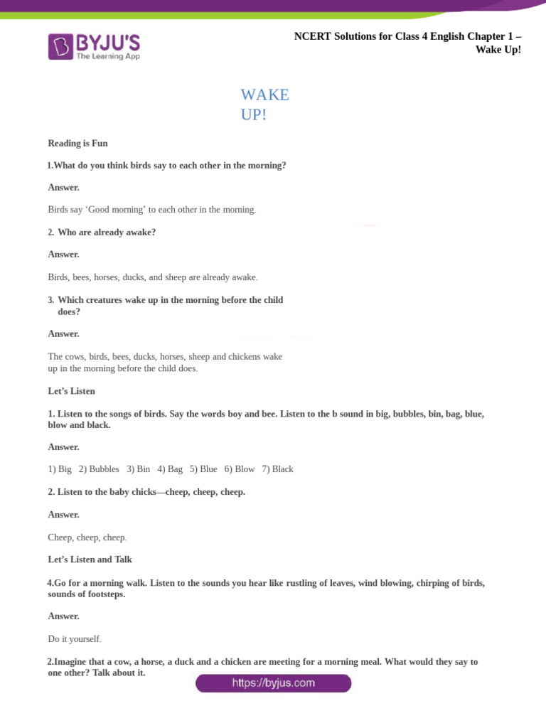 NCERT Solutions For Class 4 English 3may Chapter 1 Wake Up | PDF