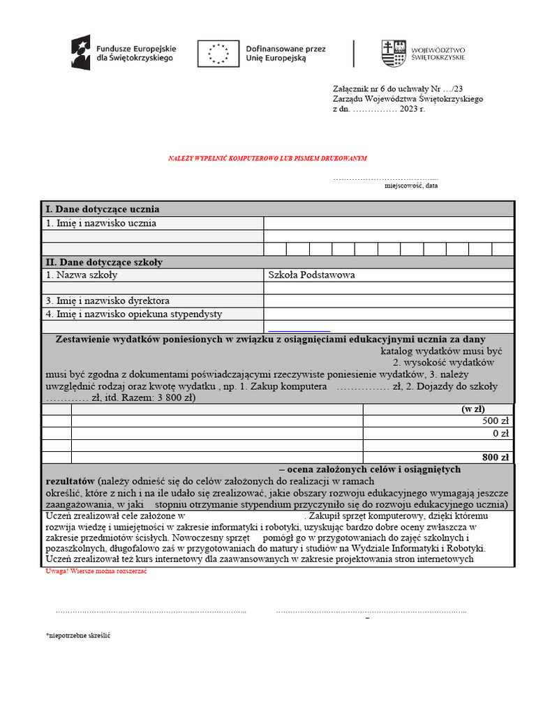 Zal. NR 6 - Sprawozd. Z Realiz. Planu Rozwoju - Szkoly Podstawowe 2023 Wzor | PDF