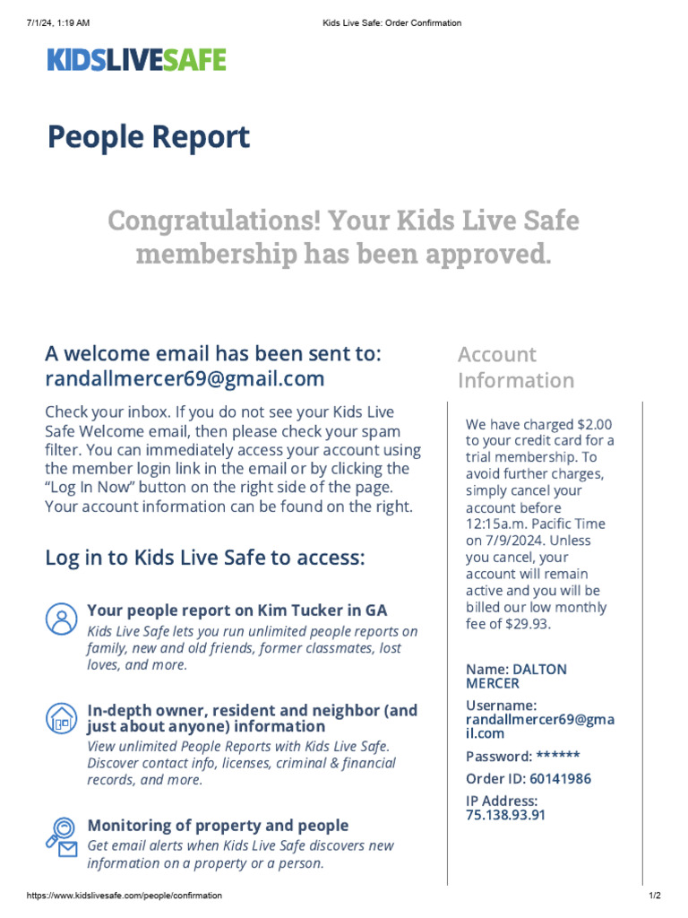 Kids Live Safe - Order Confirmation | PDF