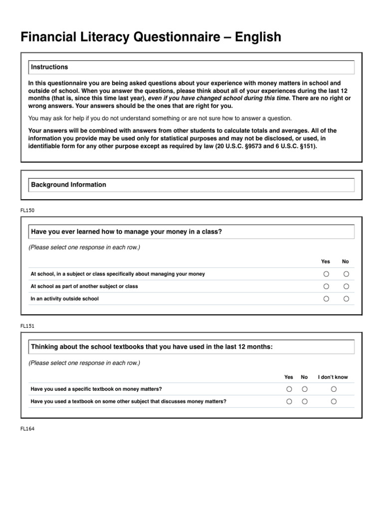 Financial Literacy Questionnaire | PDF