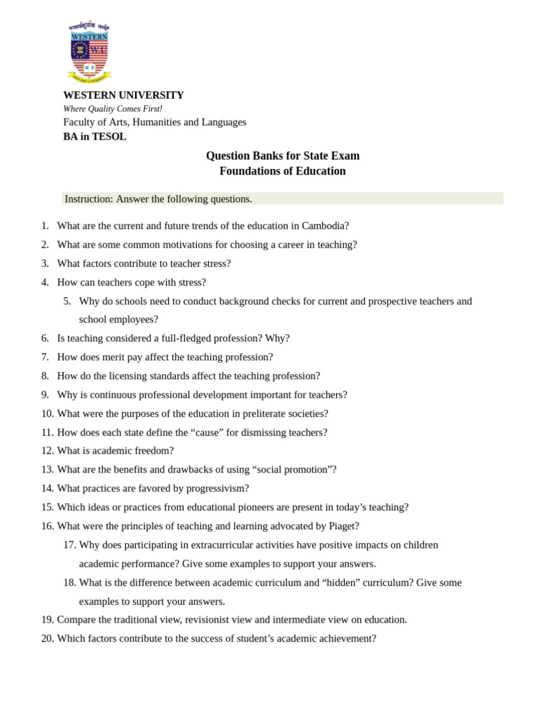 Question Bank Foundations Of Education 2024 Pdf