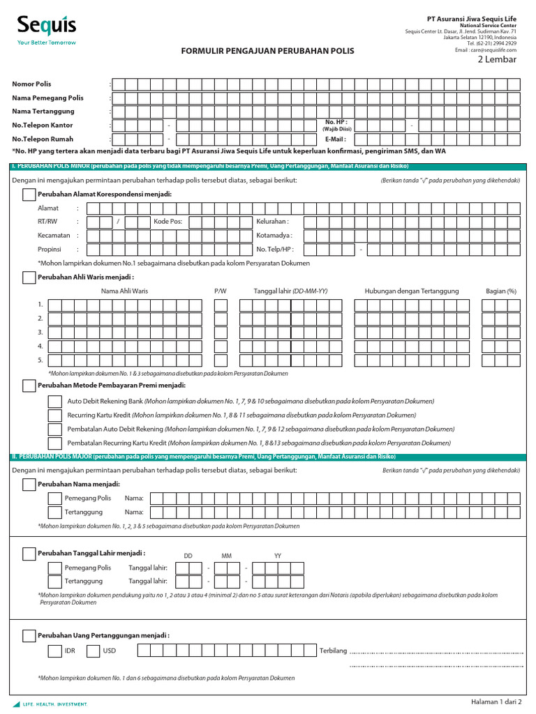 Formulir Pengajuan Perubahan Polis: 2 Lembar | PDF