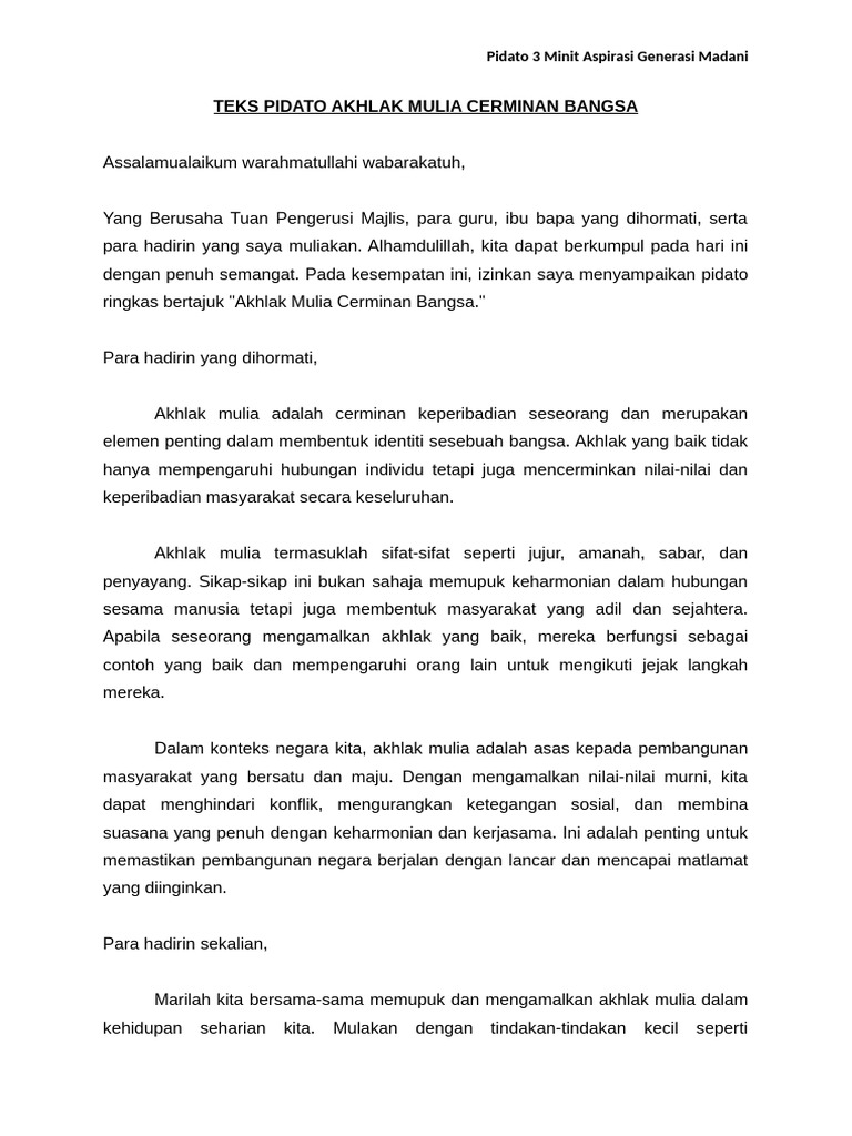 Teks Pidato Akhlak Mulia Cerminan Bangsa Pdf