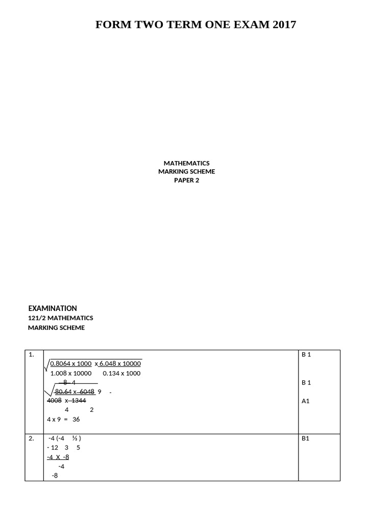 Mathematics Paper 2 Marking Scheme Form 3 Term 1 Exam 2017 | PDF ...