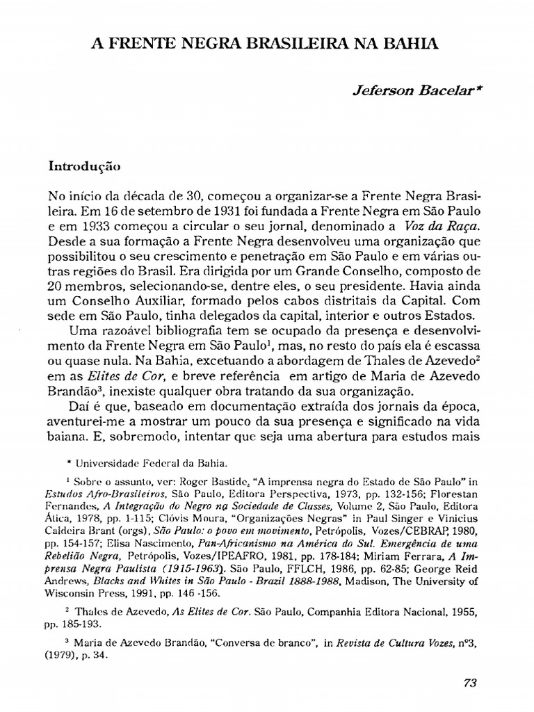 BACELAR, Jeferson. a Frente Negra Brasileira Na Bahia | PDF