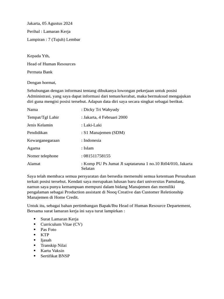Surat Lamaran Dicky 2024 | PDF