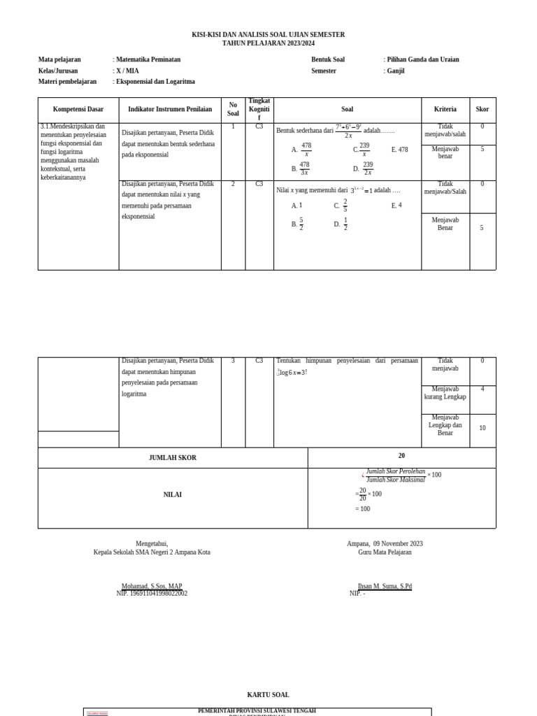 KISI Kisi Pas MTK Peminatan Kls X Mia | PDF