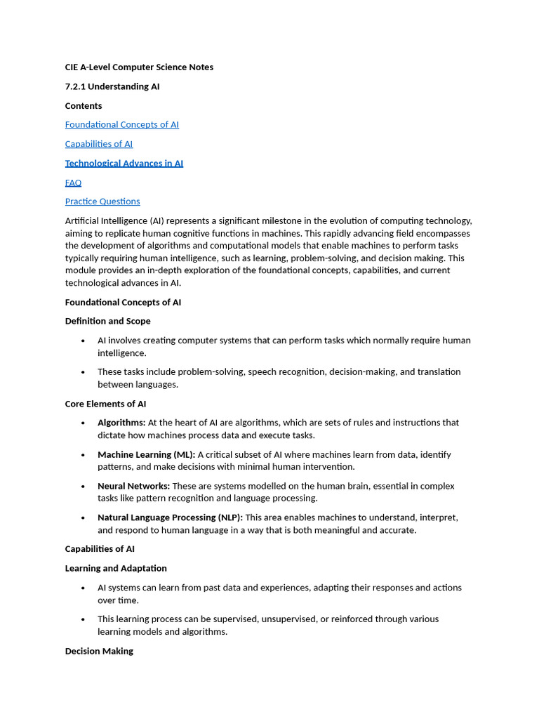 CIE A Level Computer Science - 7.2.1 Understanding AI | PDF