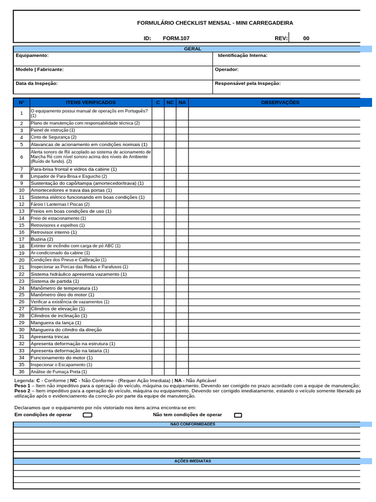 Formulario Inspeçao Carregadeira | PDF