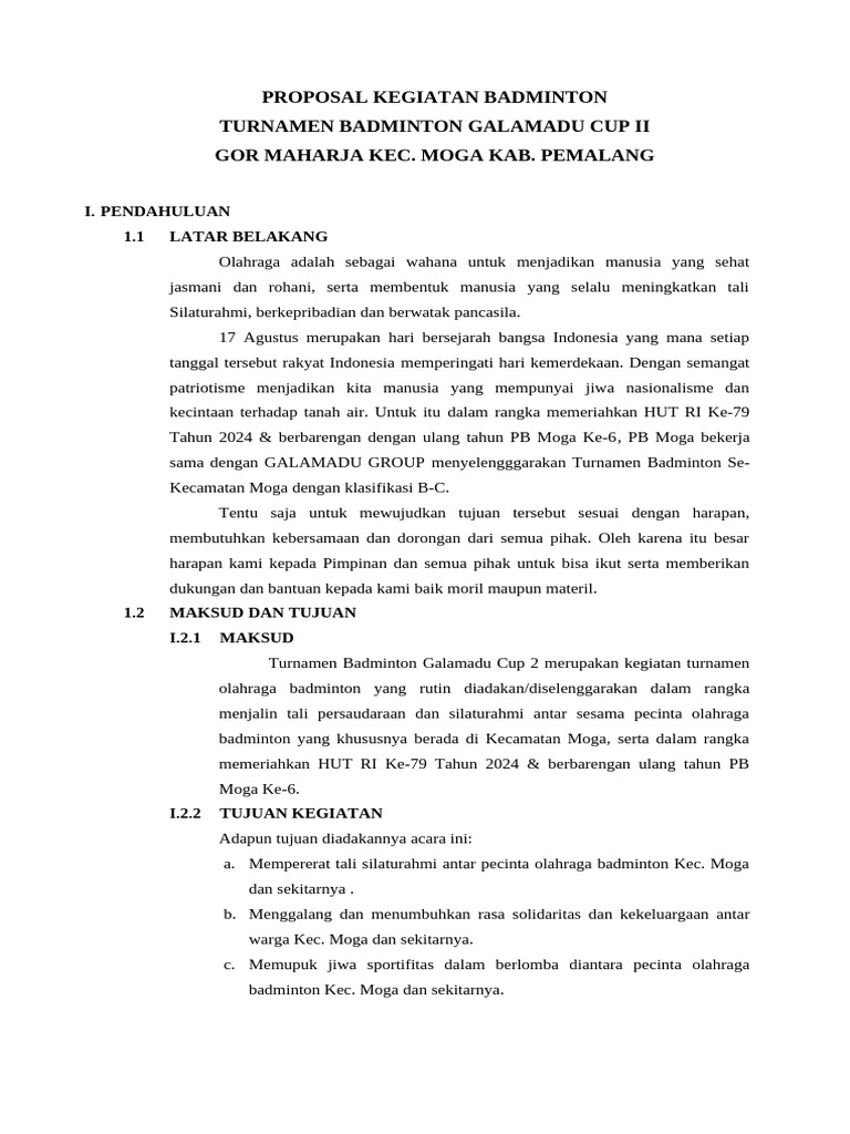 Proposal Turnamen Badminton Galamadu Cup 2 | PDF | Indonesia