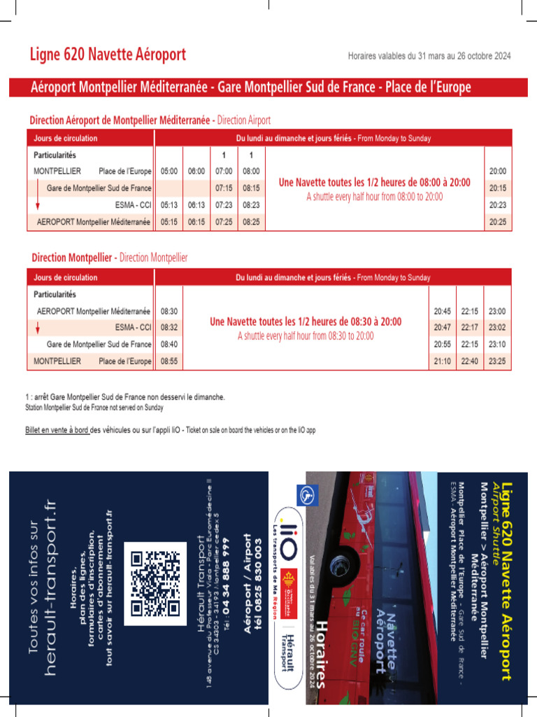 Horaires Navette 620 31 Mars 2024 Aeroport Montpellier | PDF