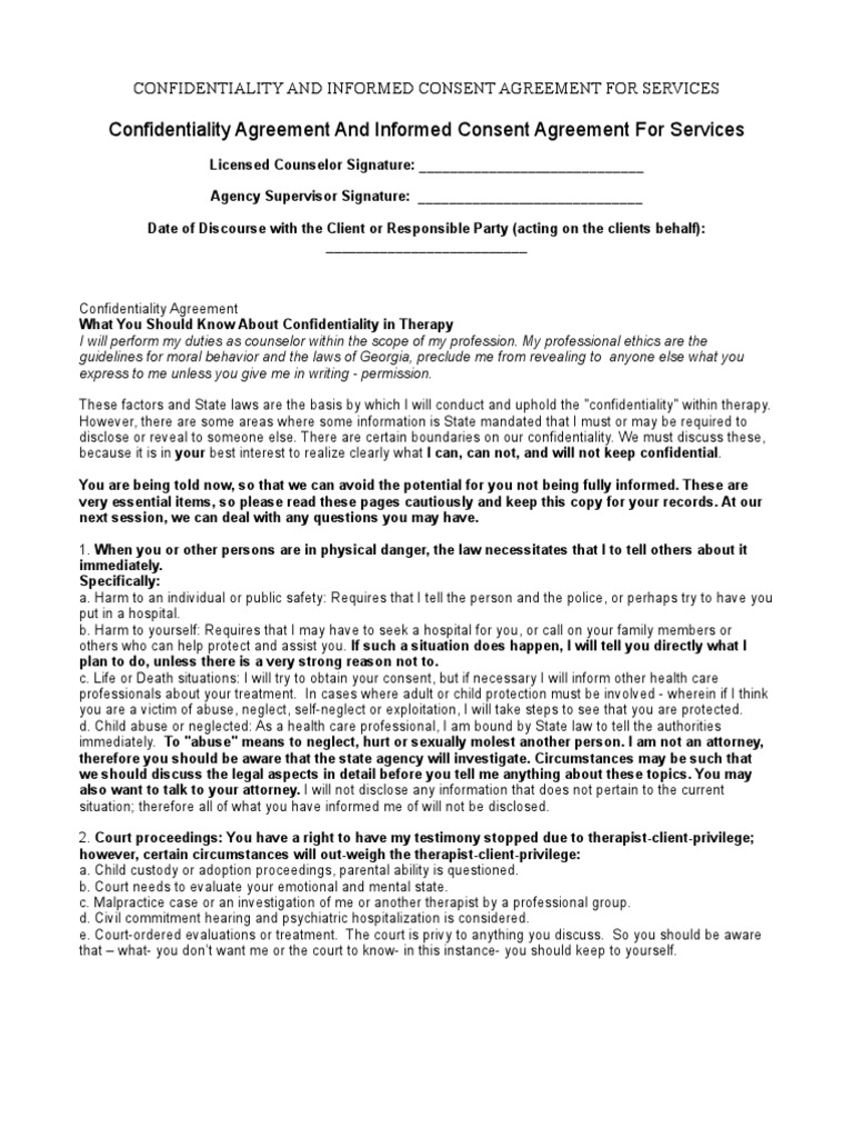 Confidentiality and Informed Consent Agreement for Services -Clc ...