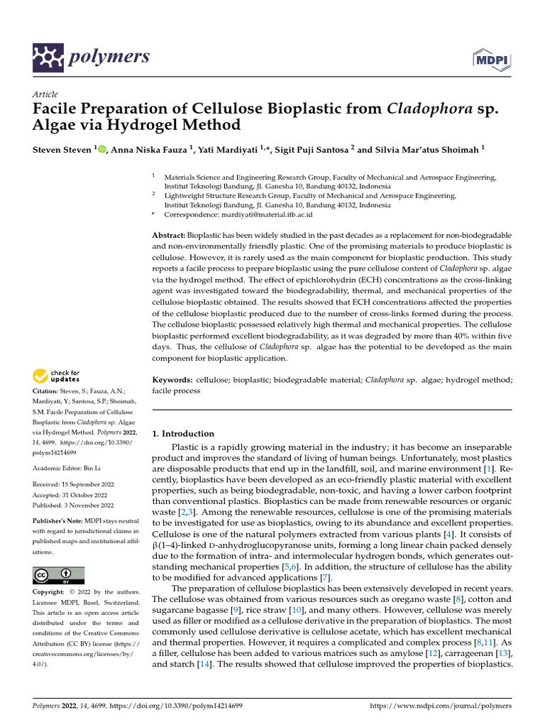 Facile Preparation of Cellulose Bioplastic From Cladophora Sp. Algae ...