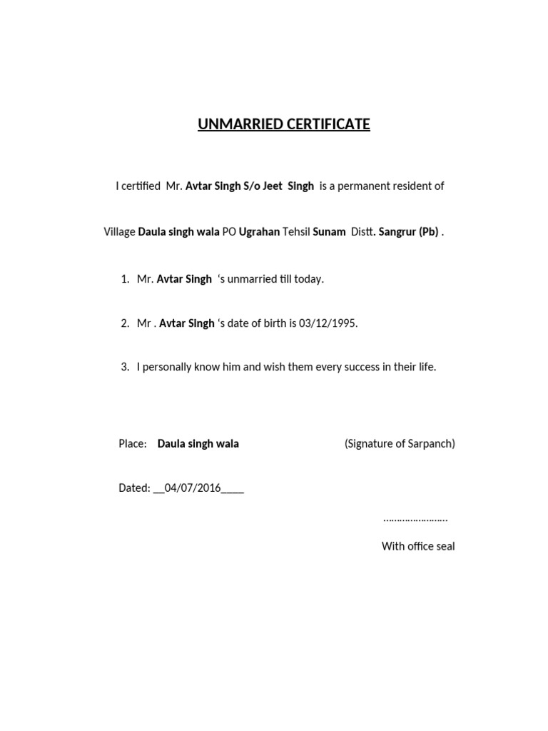 Unmarried Certificate | PDF