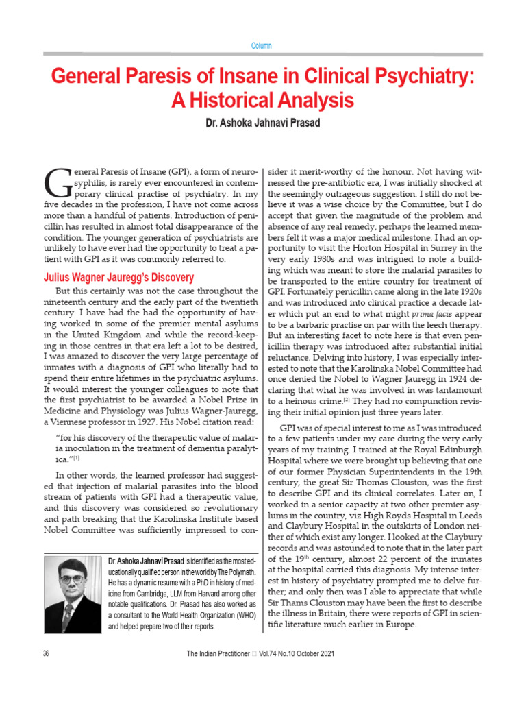 General Paresis of Insane in Clinical Psychiatry: A Historical Analysis | PDF | Psychiatry ...