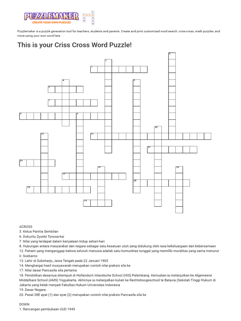 Criss Cross Puzzle - PANCASILA | PDF