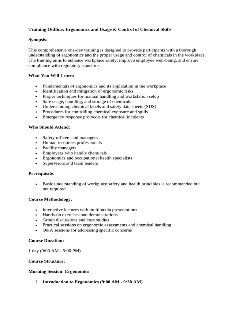Training Outline Ergonomics and Usage & Control of Chemical Skills | PDF